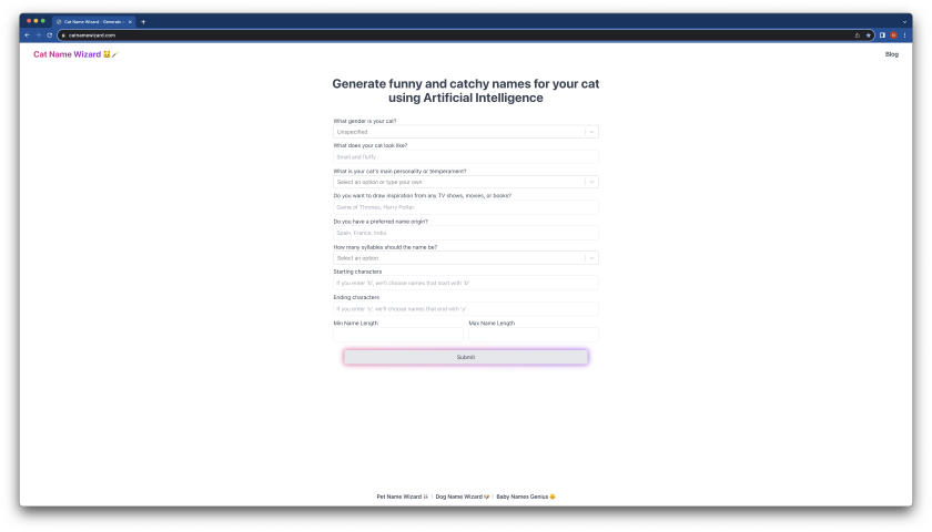 Cat Name Wizard Generate Funny And Catchy Names For Your Cat Using AI